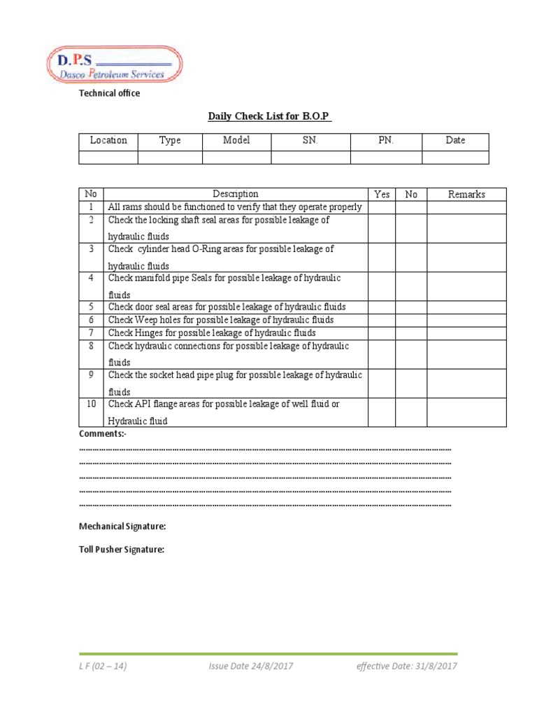 Daily Check List For B.O.P | PDF | Technology & Engineering