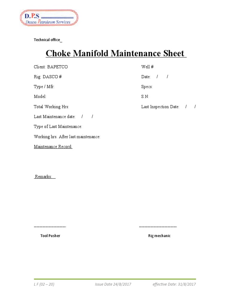 Choke Manifold Maintenance Sheet | PDF