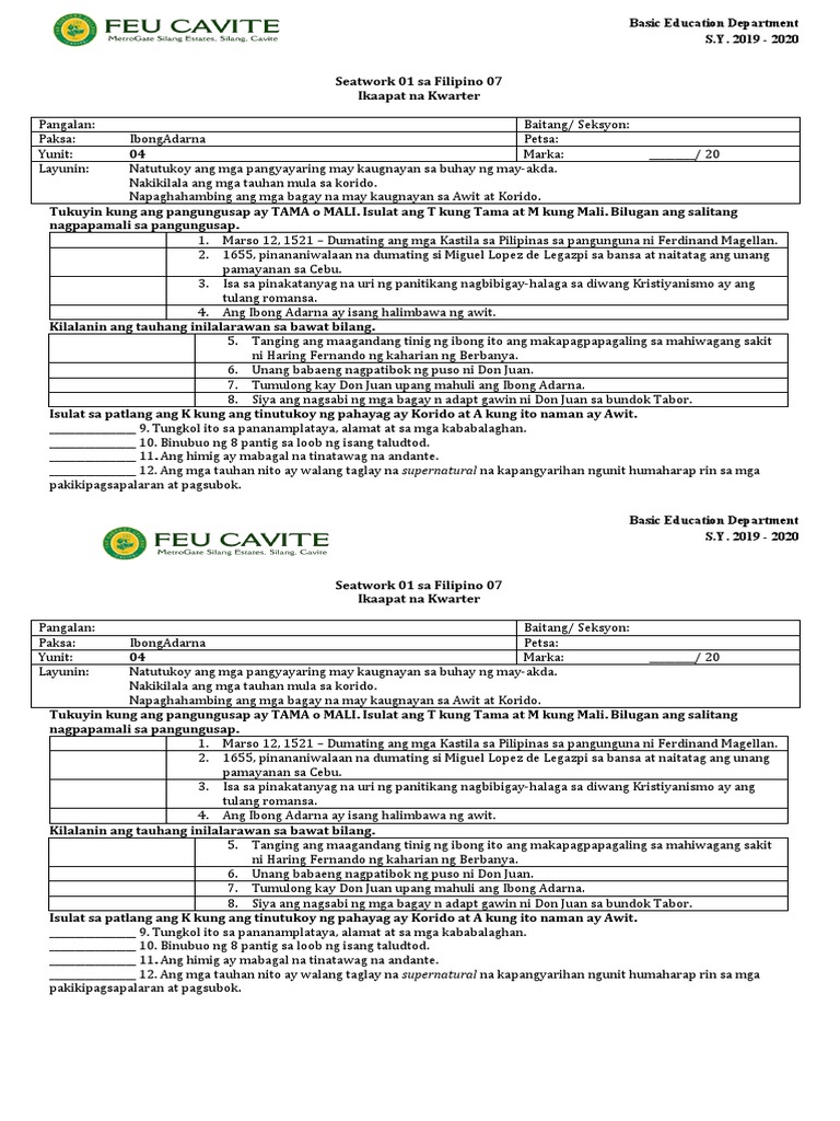 Seatwork 01 Sa Filipino 02 | PDF