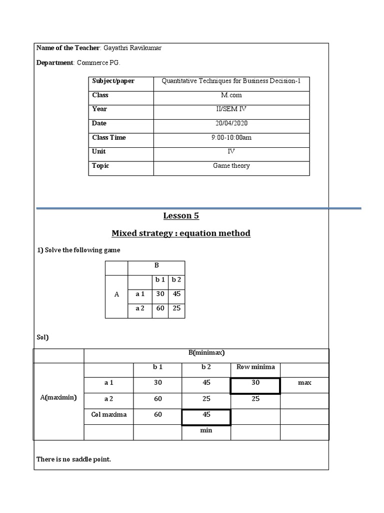 Lesson 5 Mixed Strategy: Equation Method | PDF | Applied Mathematics ...