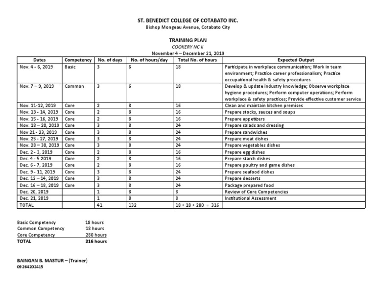 Cookery Training Plan | PDF | Cooking | Foods