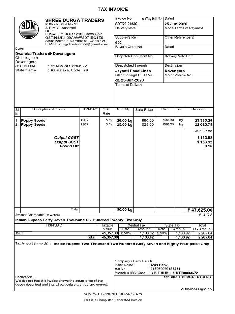 Tax Invoice Shree Durga Traders: E-Way Bill No | PDF | Invoice | Economies
