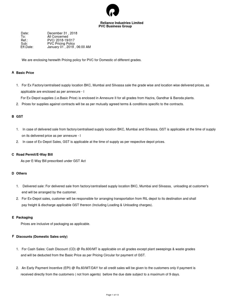 Ril PVC Price DT.01.01.2019 | PDF | Discounts And Allowances | Payments