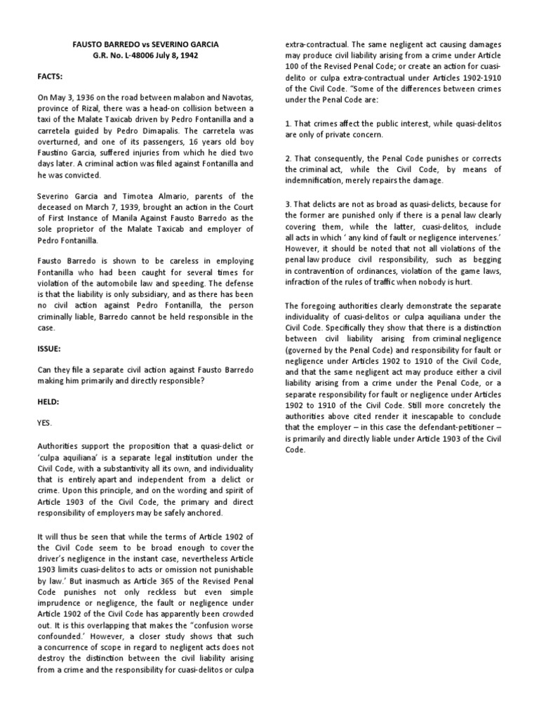 Fausto Barredo Vs Severino Garcia G.R. No. L-48006 July 8, 1942 Facts ...