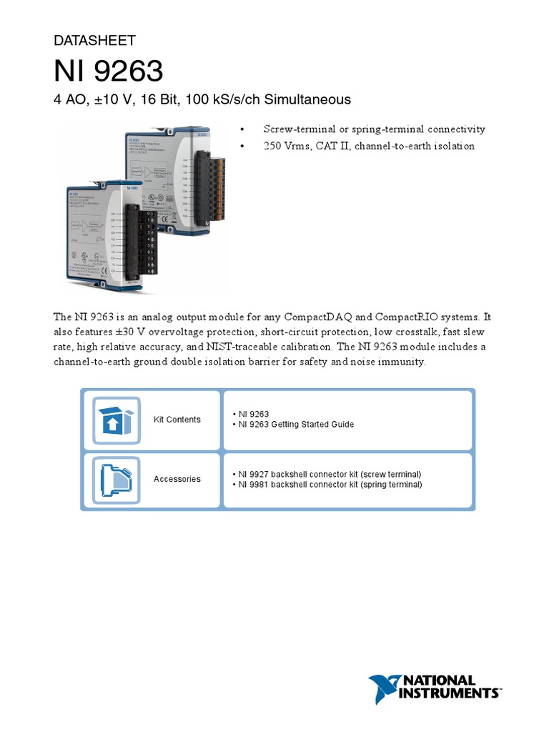 Datasheet: Kit Contents - NI 9263 - NI 9263 Getting Started Guide | PDF | Data Acquisition ...