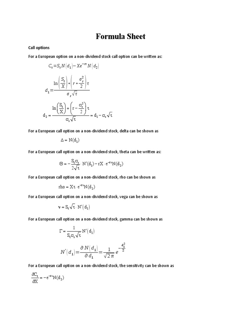 Formula Sheet: C S N d Xe N d S X r+ σ τ σ τ | PDF | Greeks (Finance ...