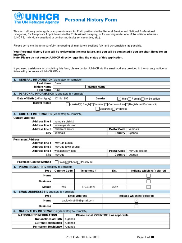Personal History Form: Print Date: 30 June 2020 Page 1 of 10 | PDF ...