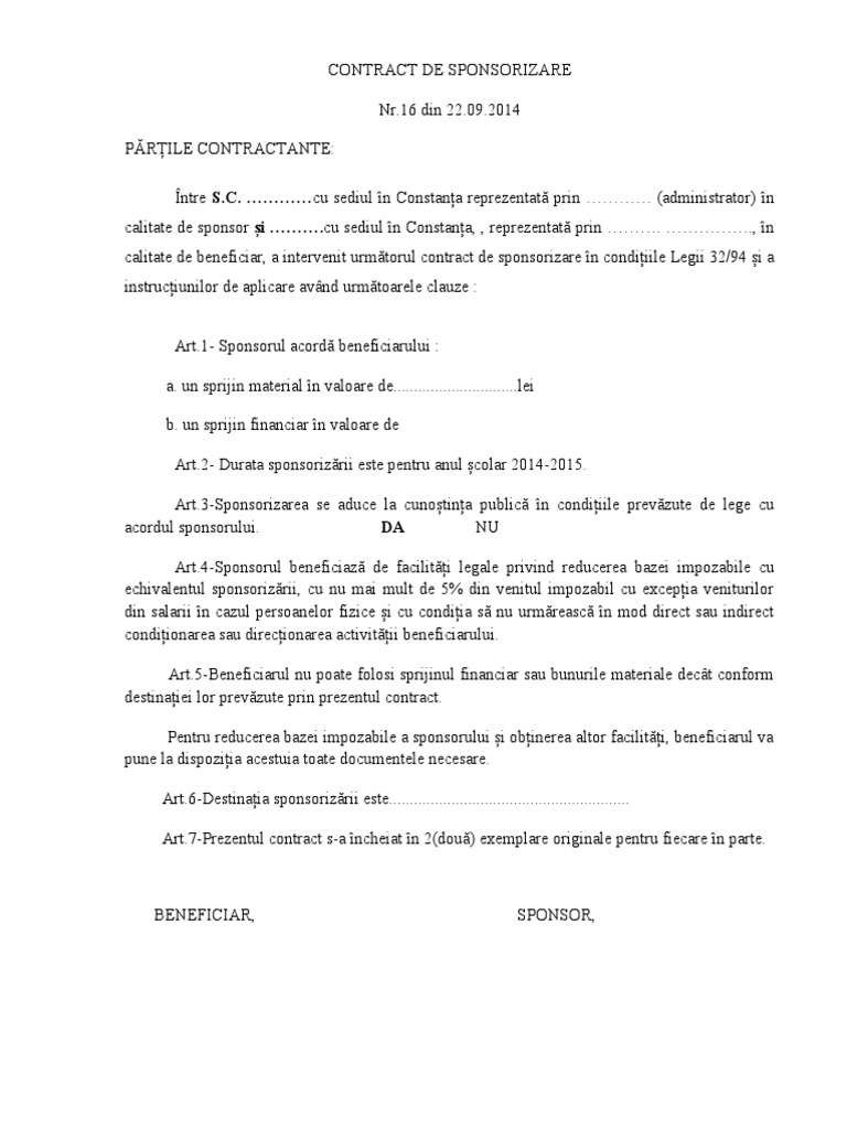 CONTRACT DE SPONSORIZARE Model | PDF