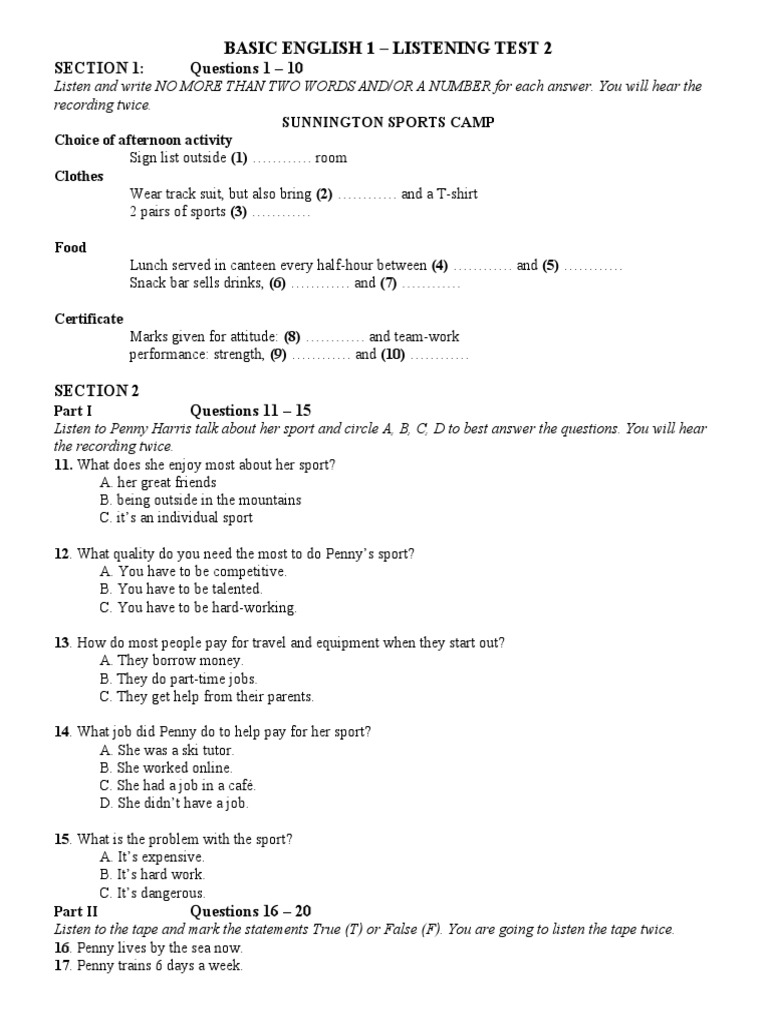 Basic English 1 - Listening Test 2: Section 1: Questions 1 - 10 | PDF