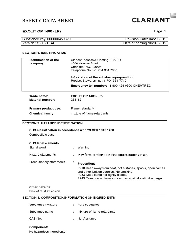 EXOLIT OP 1400 (LP) - SDS (Self-ignition-340C; Particle size-14 μm (Median value) ) | PDF ...