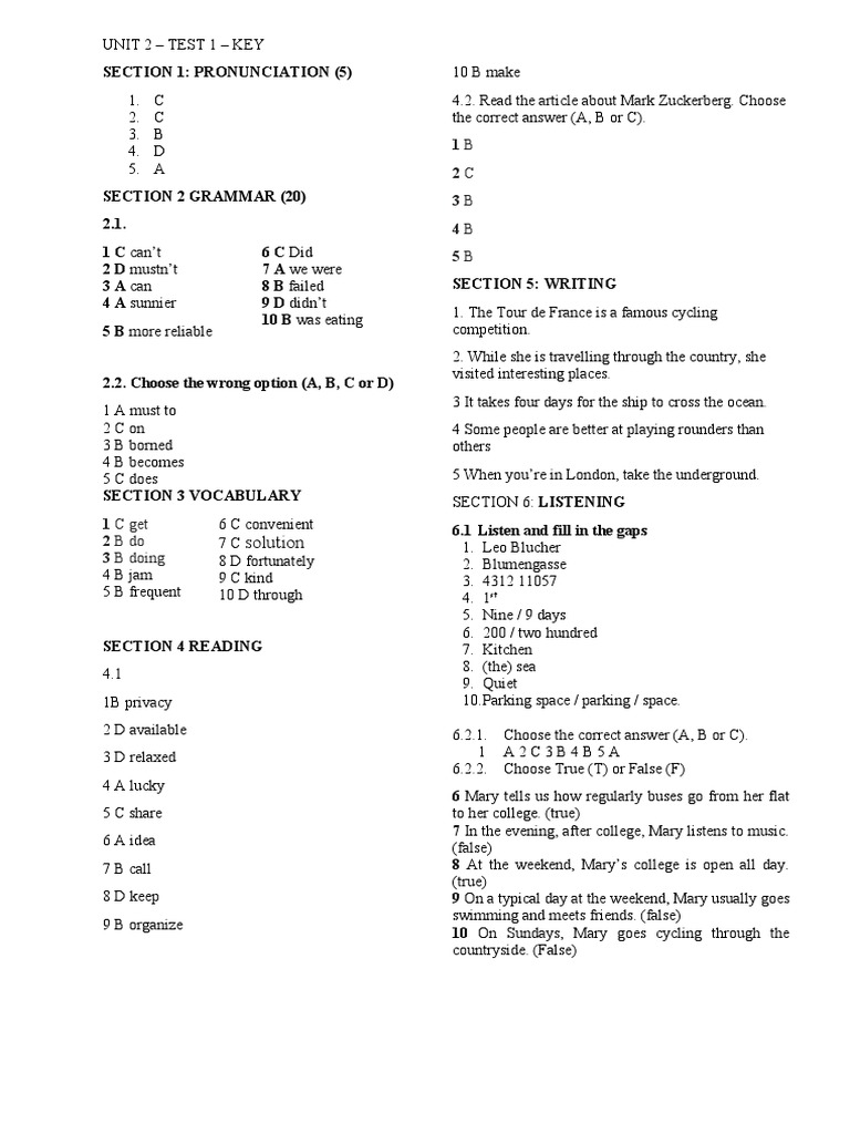 E1 U2 Test1.1 Key | PDF