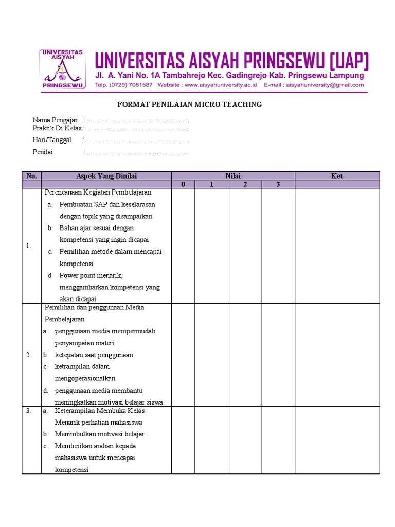 Format Penilaian Mikro Teaching Fix | PDF | Karier & Perkembangan | Seni
