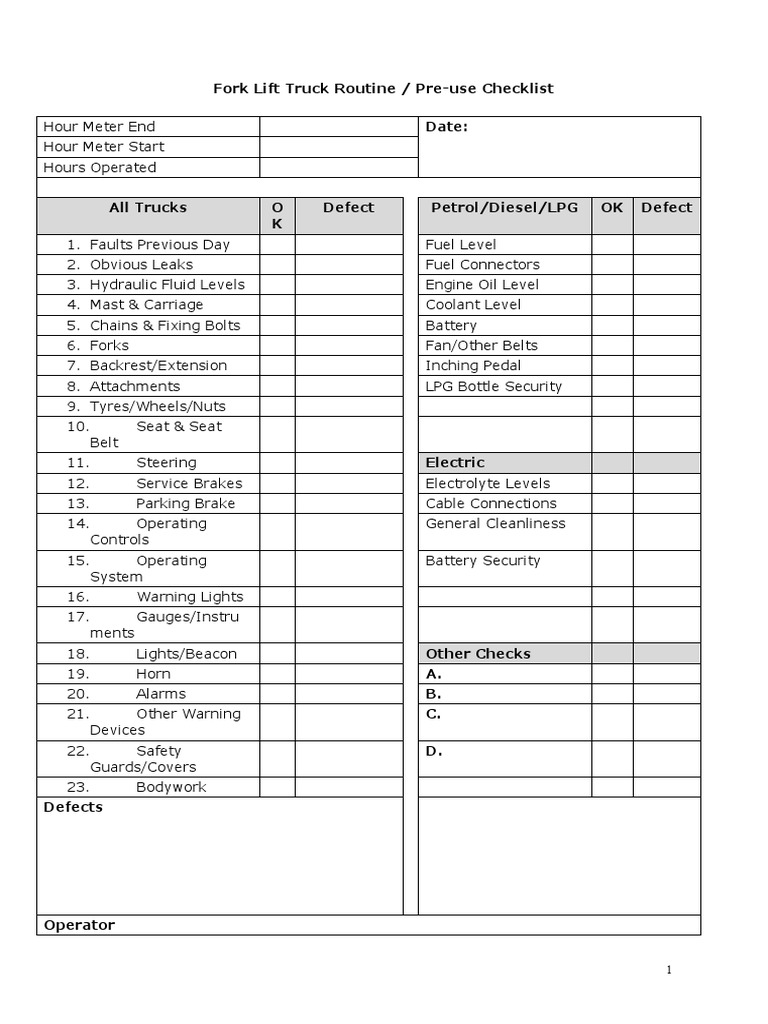 Fork Lift Truck Routine / Pre-Use Checklist Date | PDF | Tire | Truck