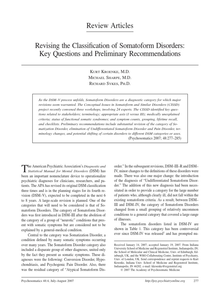 Review Articles Revising The Classification of Somatoform Disorders ...