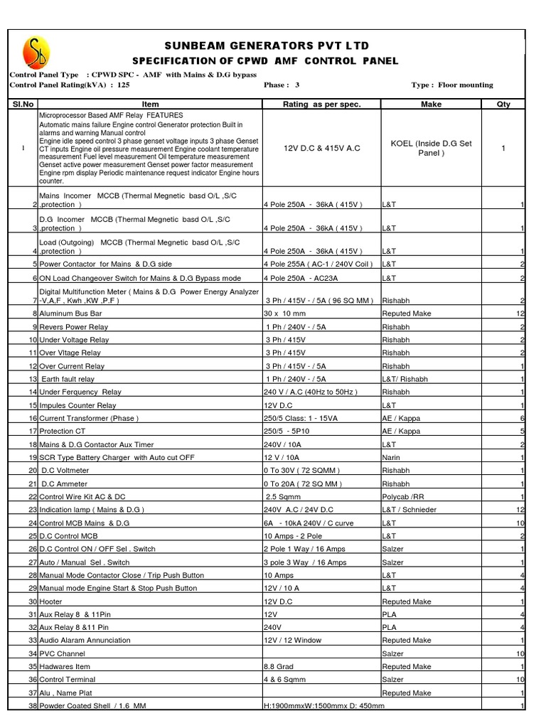 100 Kva125 Kva AMF Panel-Cpwd Spec | PDF | Direct Current | Electrical Engineering