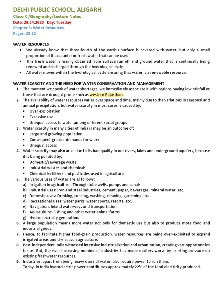 Class 10 Geography: Water Resources Notes | PDF | Water Resources ...