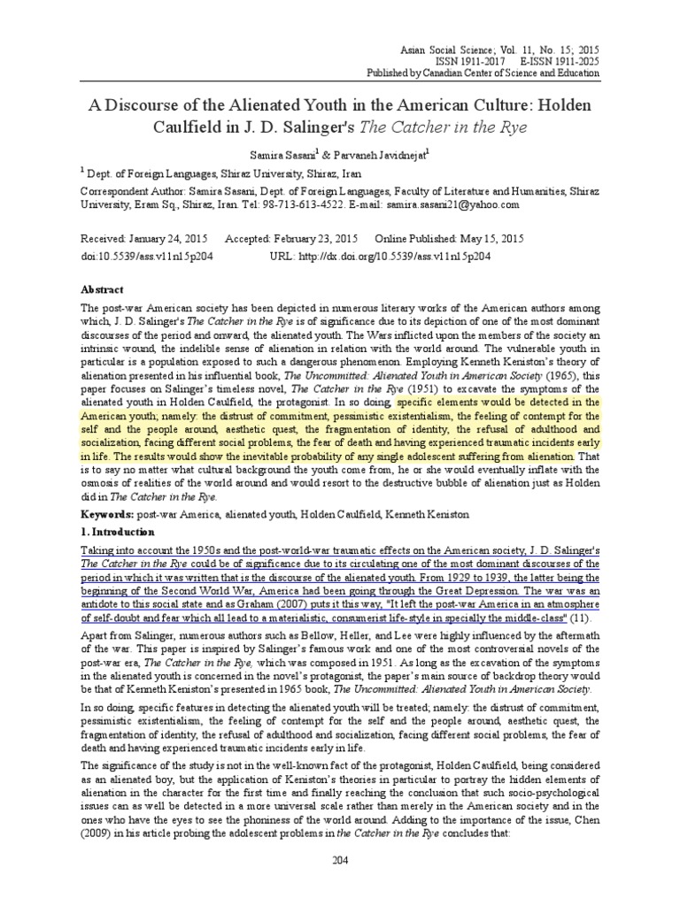 +A Discourse of The Alienated Youth in Am PDF | PDF | J. D. Salinger ...