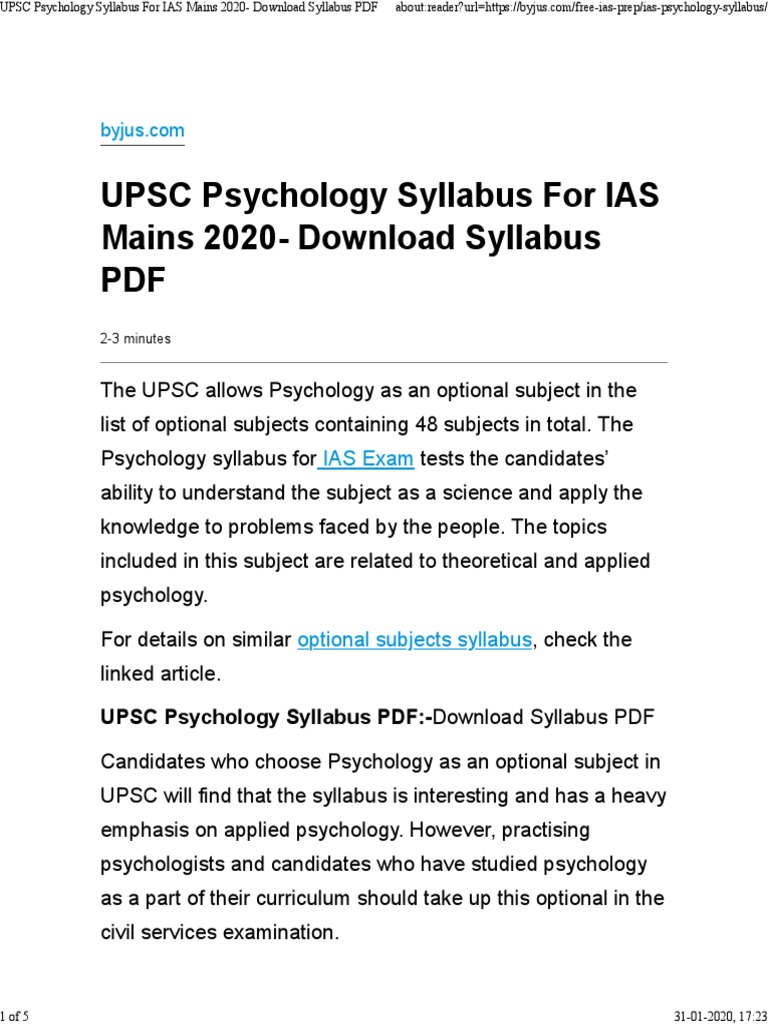 UPSC Psychology Syllabus For IAS Mains 2020-Download Syllabus PDF ...