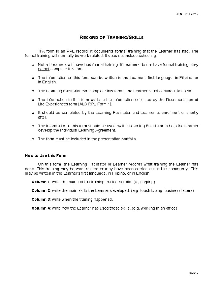 RPL Form 2 - Record of Training Skills 2013 | PDF | Learning ...