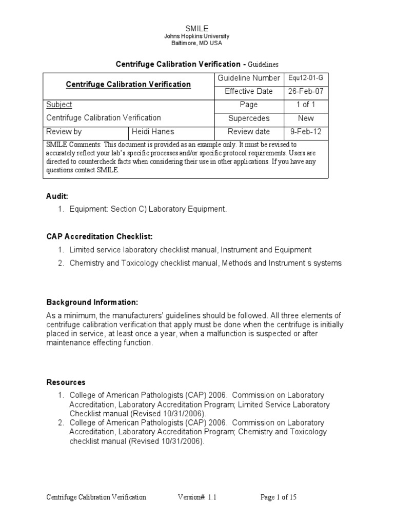 Equ12-01 Centrifuge Cal Verfn SOP | PDF | Calibration | Verification And Validation
