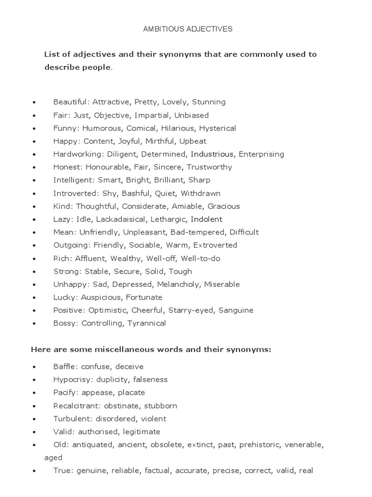 List of Adjectives and Their Synonyms That Are Commonly Used To ...