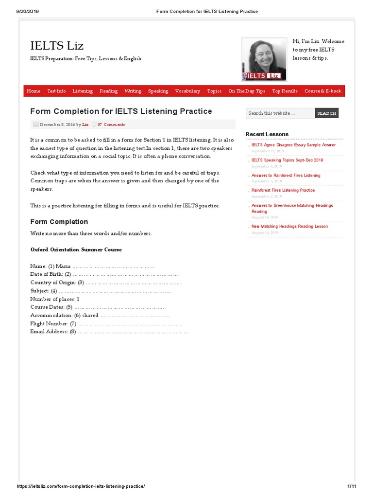 Form Completion For IELTS Listening Practice PDF | PDF | International ...