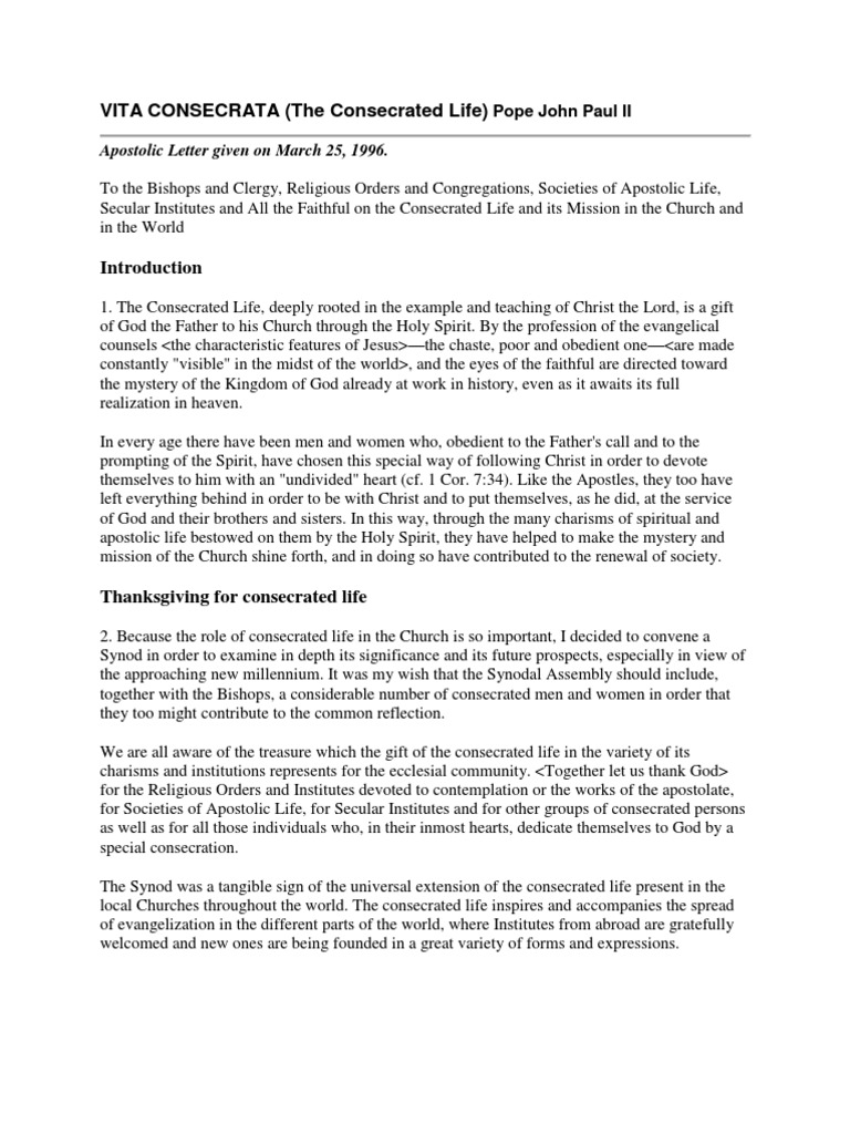 VITA CONSECRATA (The Consecrated Life) : Apostolic Letter Given On ...