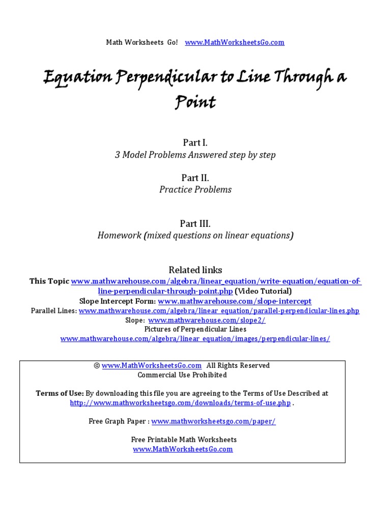Find Equation Perpendicular To Line Through Point | PDF | Slope | Equations