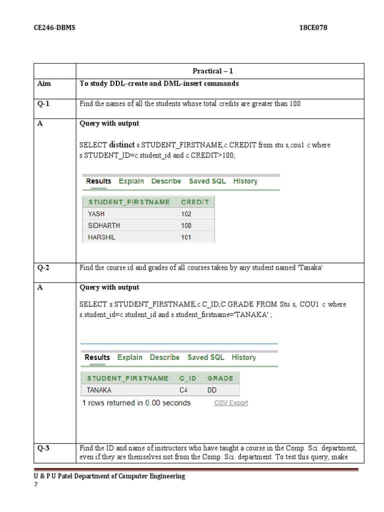 Distinct: Practical - 1 Aim To Study DDL-create and DML-insert Commands Q-1 A Query With Output ...