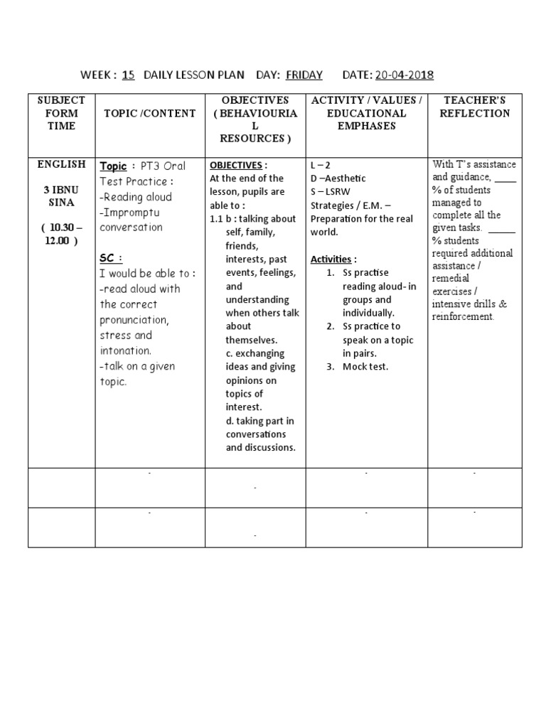 Lesson Plan Form 3 2018 - Week 13 | PDF | Reading Comprehension | Speed ...