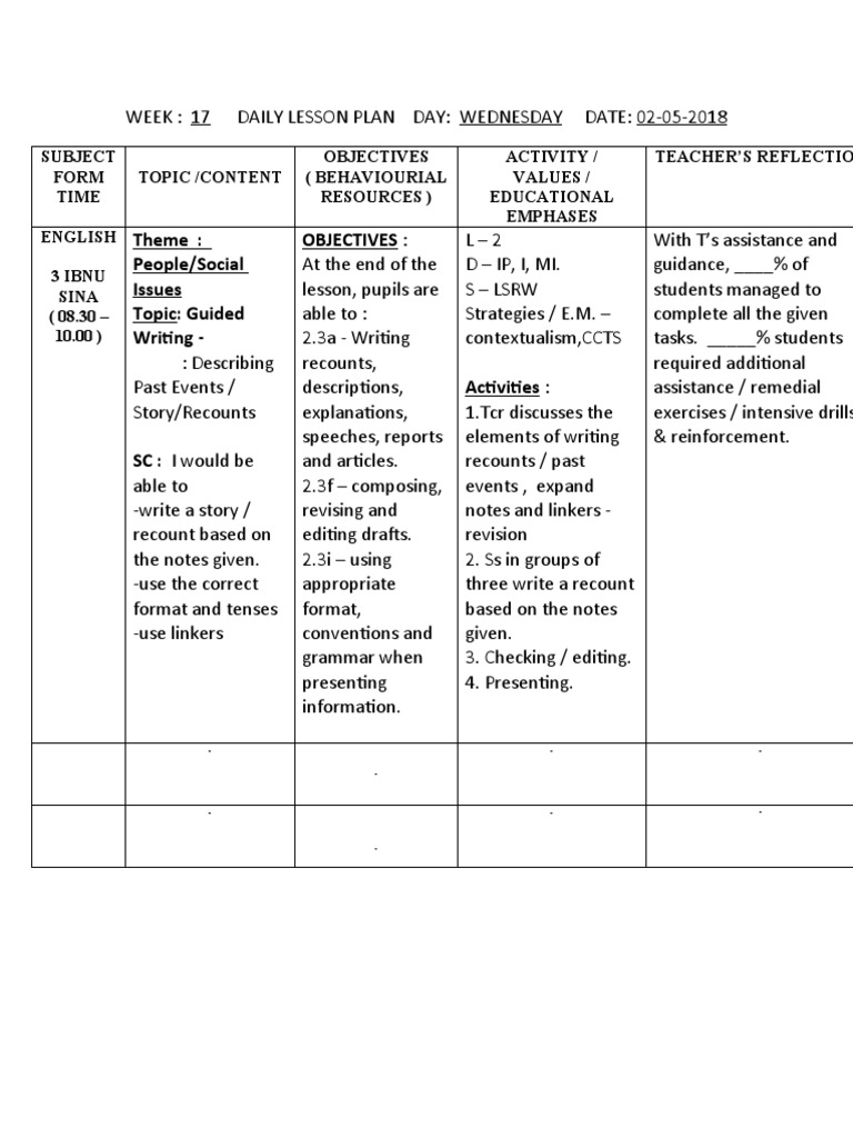 Lesson Plan Form 3 2018 - Week 17 | PDF | Reading Comprehension | Speed Reading