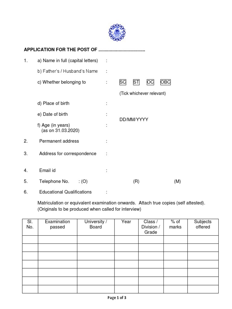 Application For The Post of .................................... | PDF ...