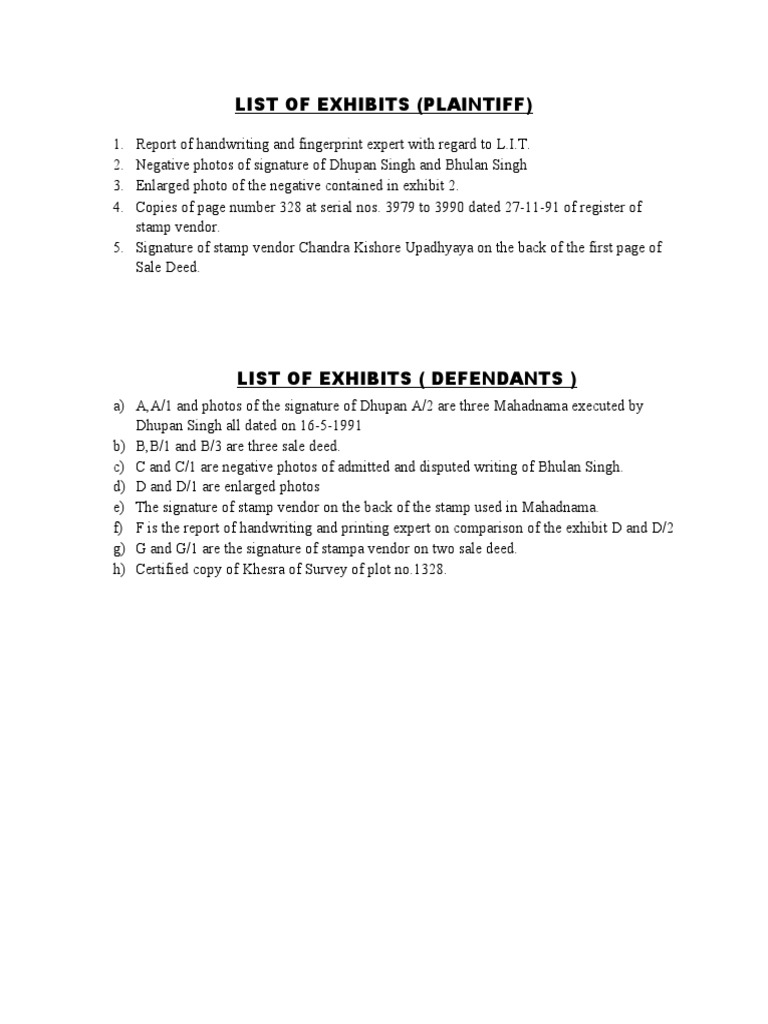List of Exhibits (Plaintiff) | PDF