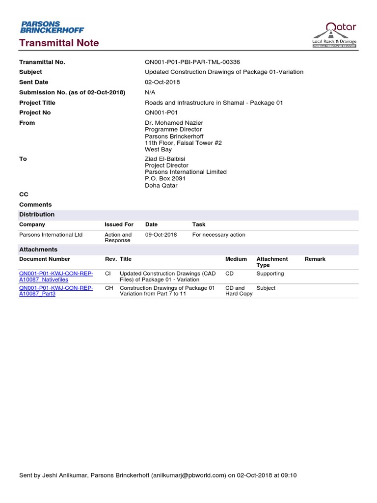 Transmittal Note: Transmittal No. Subject Sent Date Submission No. (As ...