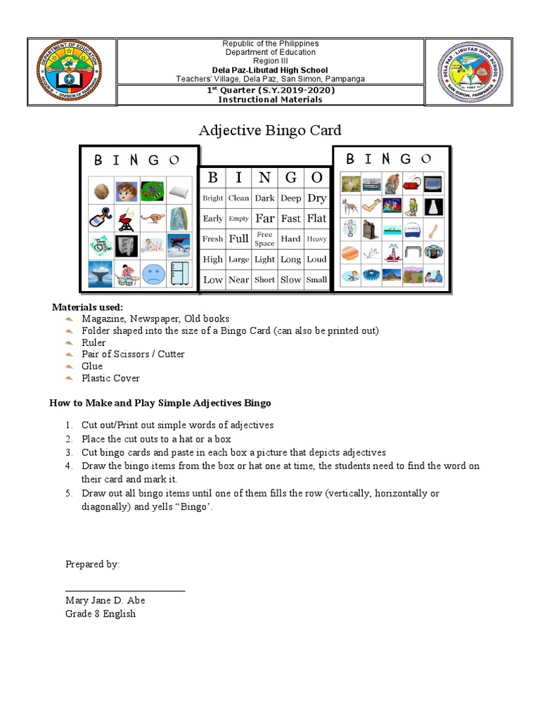ADJective BINGO CARD | PDF