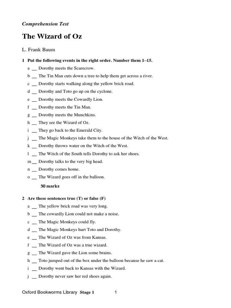 Wizard of Oz Comprehension Test | PDF | Dorothy Gale | The Wonderful ...