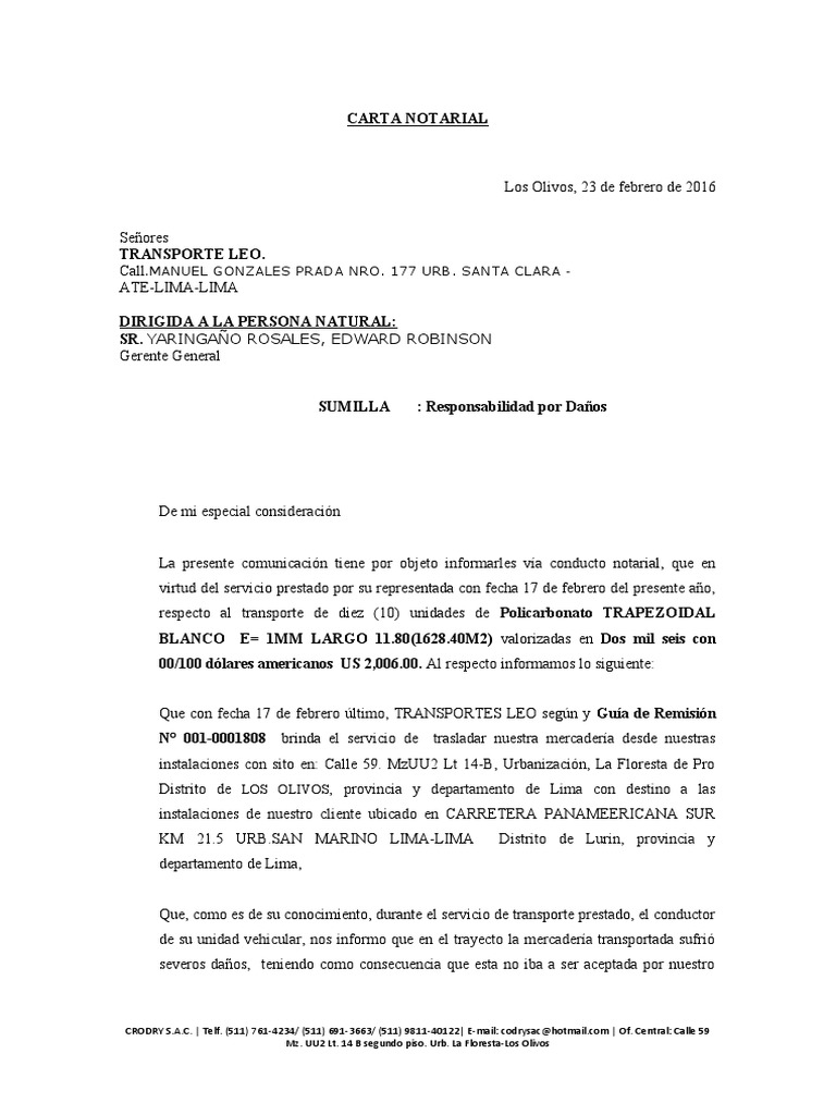 Carta Notarial Codry Transporte Leo | PDF | Gobierno