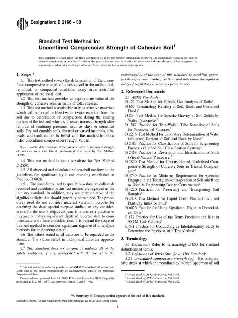 ASTM D2166-00 Test Method For Unconfined Compressive Strength of ...