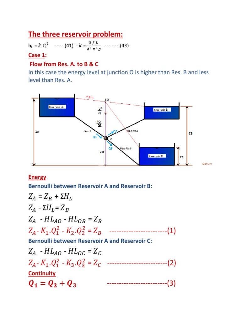 The Three Reservoir Problem:: Case 1: Flow From Res. A. To B & C | PDF