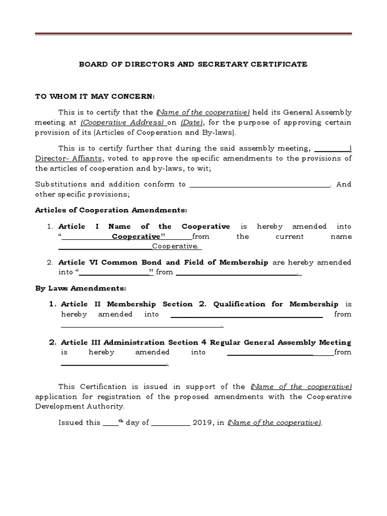(Cooperative) BOD and Secretary Certificate | PDF | Affidavit | Legal ...