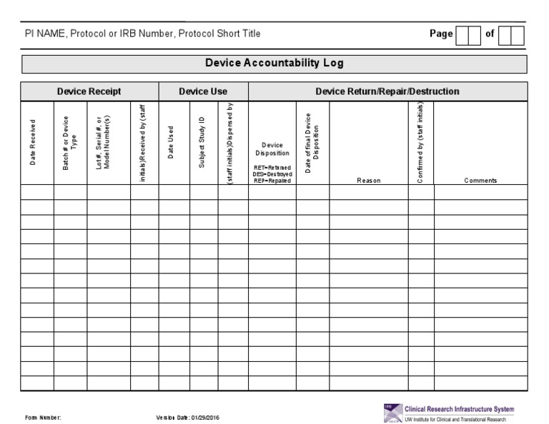 Device Accountability Log: PI NAME, Protocol or IRB Number, Protocol ...
