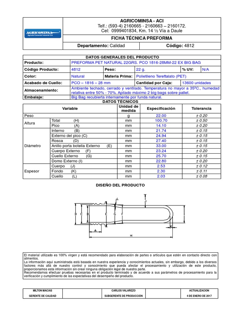 Ficha técnica de la preforma PET natural de 22 gramos de AGRICOMINSA ...