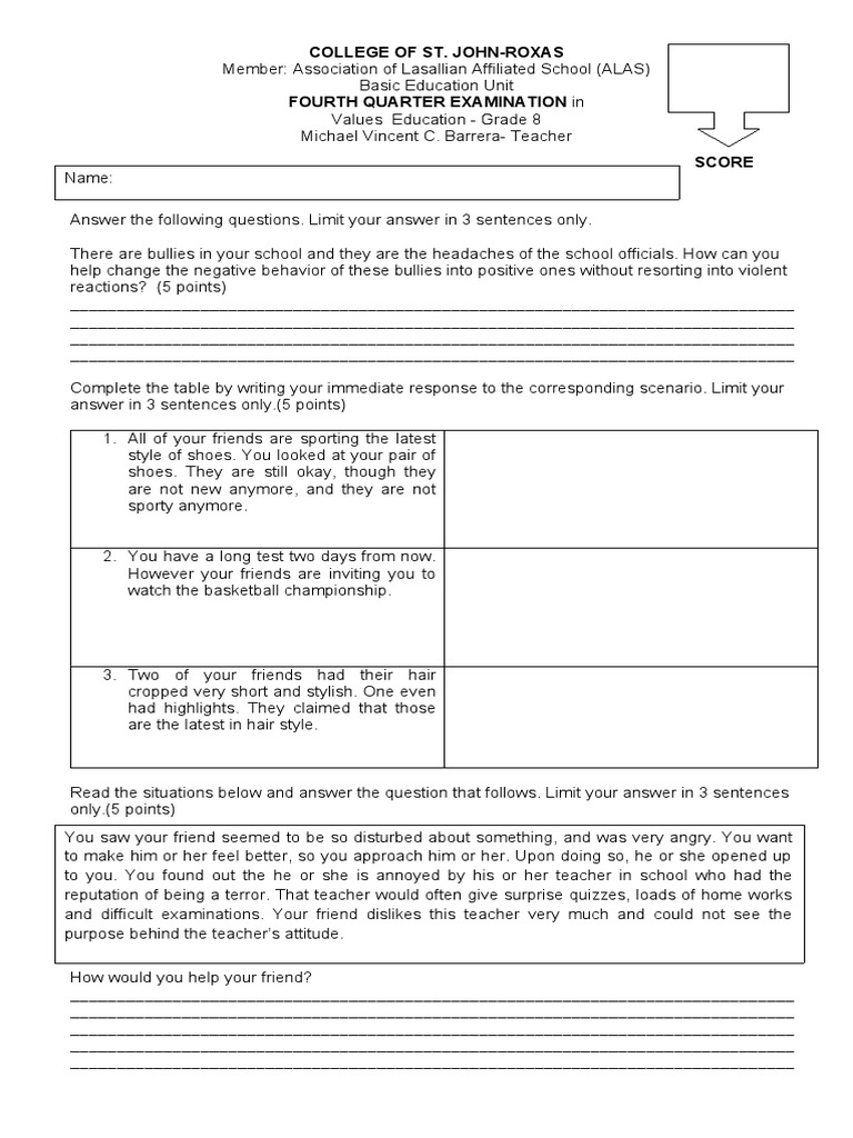 Grade 8 Values Education Final | PDF