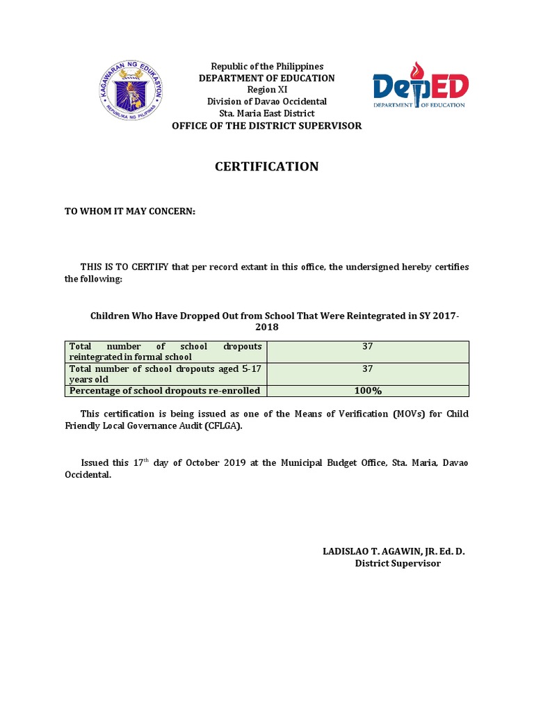 Certification of Reintegrated Dropouts | PDF