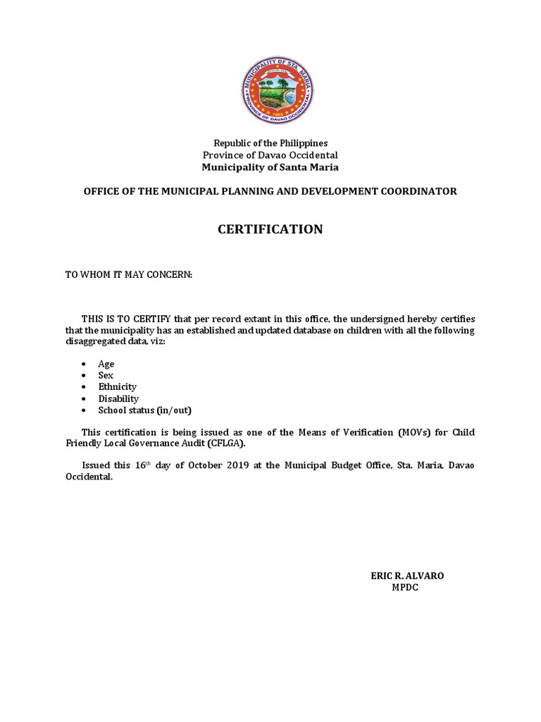 MPDC Certification Data On Children | PDF