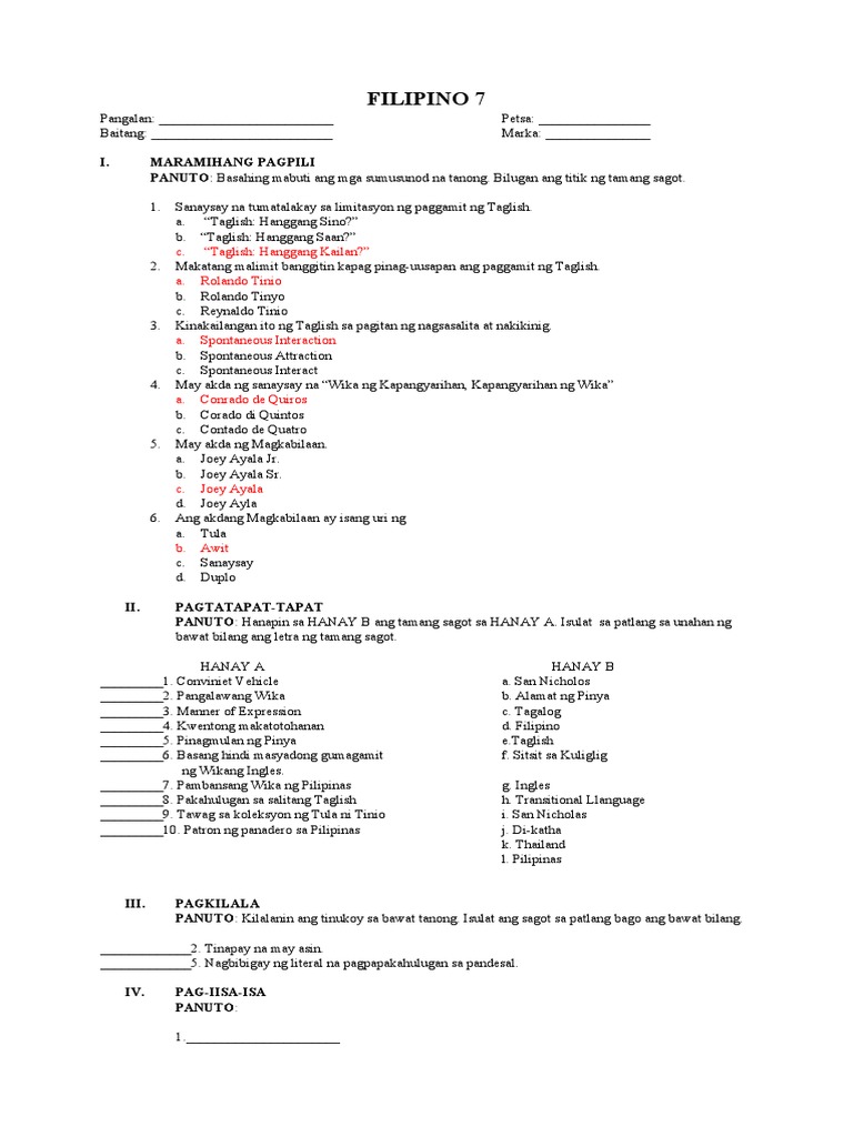 3RD Grading Exam Filipino 7 | PDF