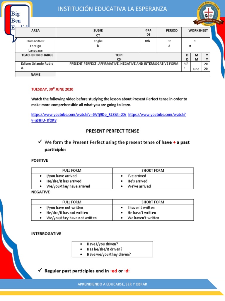 Present Perfect Worksheet | PDF | Perfect (Grammar) | Linguistics