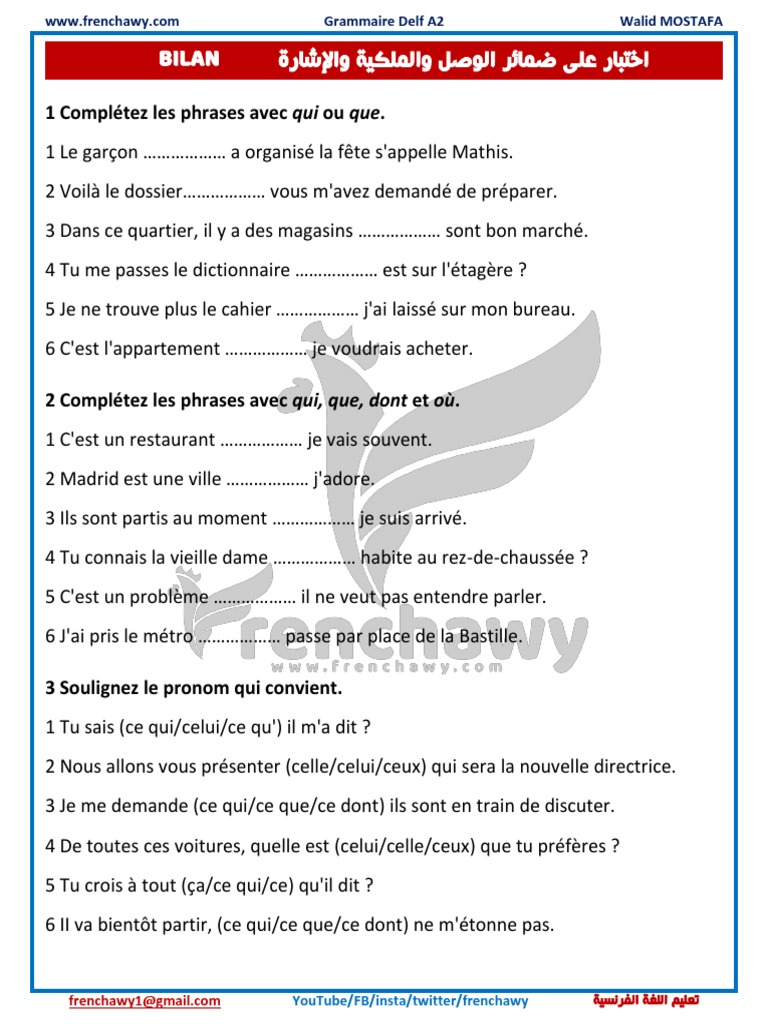 Grammaire Delf A2 BILAN Sur Les Pronoms Relatifs Possessifs ...