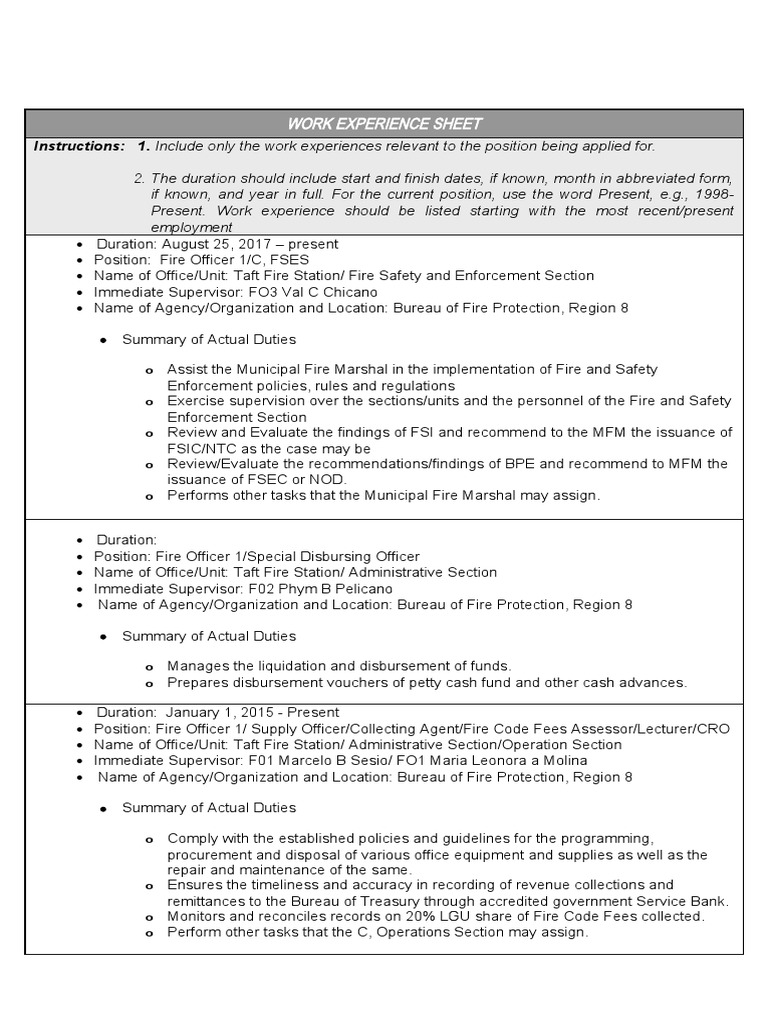 Work Experience Sheet: Instructions: 1. Include Only The Work ...