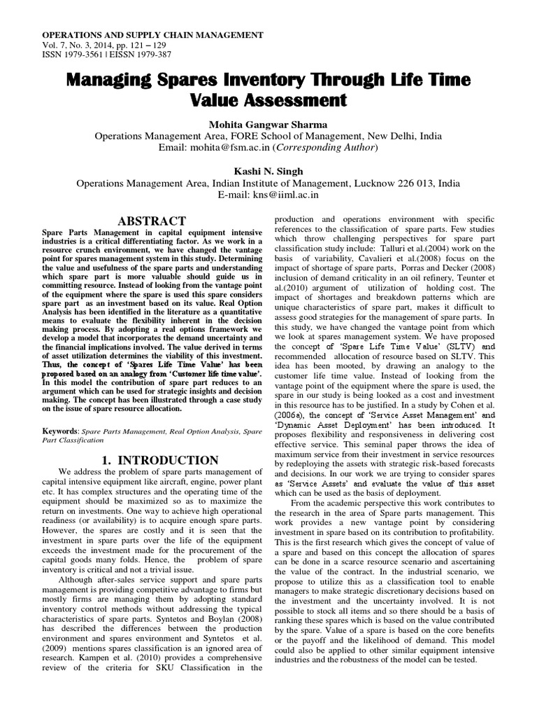 Managing Spares Inventory Through Life Time Value Assessment | PDF ...